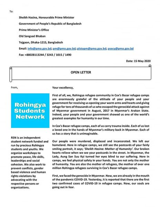 Rohingya Student Network sent an open letter to the prime minister of ...