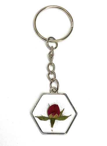 Silver Hexagon Art Deco Shaped Pressed Red Rose Keyring | Cotswold Crafts