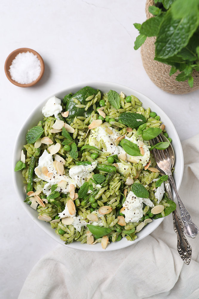 Green orzo & mozzarella salad with a simple basil vinaigrette