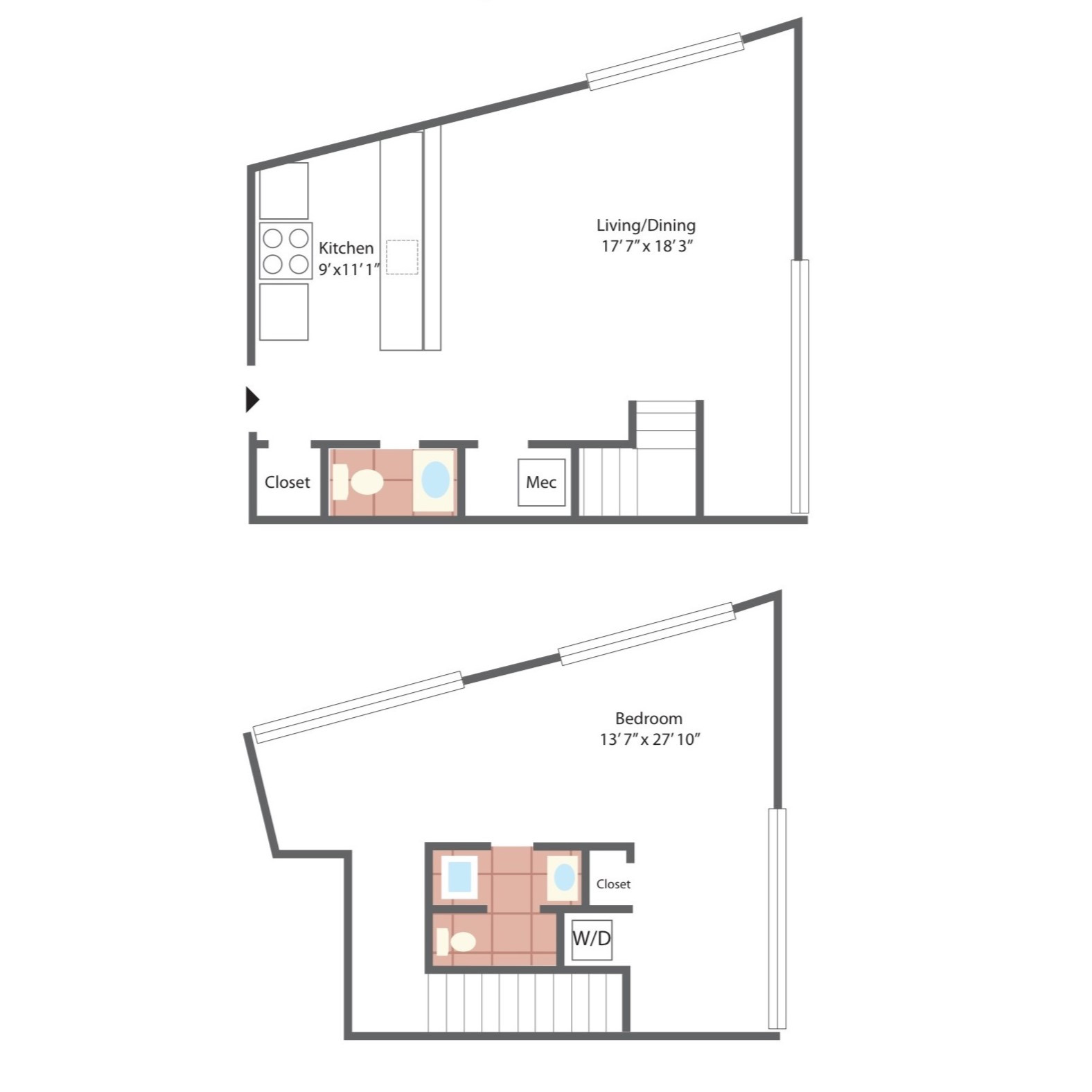 D4 - One Bedroom Bi-Level Corner | Floor Plans at Hatboro Lofts