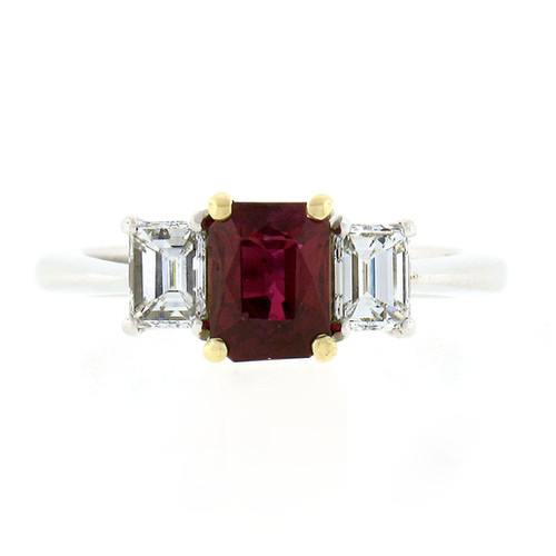 18K Gold Platinum 2.15ctw Burma Red Ruby and Emerald Cut Diamond 3 ...