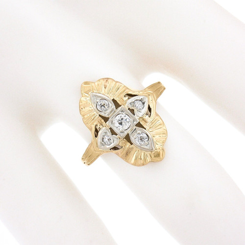 Antique 14k Two Tone Gold 0.20ctw Old Cut Diamond Etched Floral Dinner ...