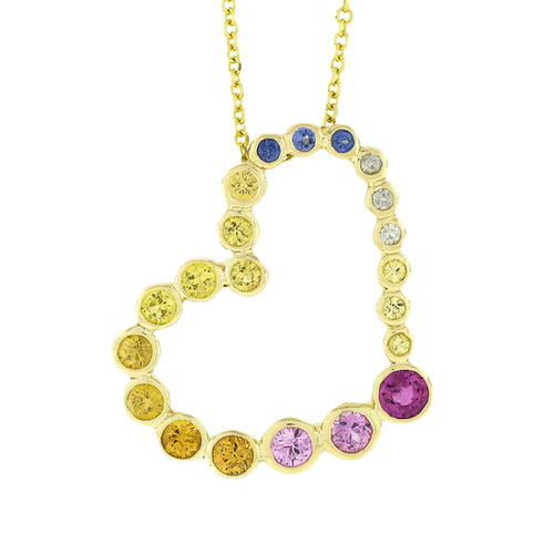 14K Gold Graduated Bezel Sapphire Colourful Heart Slide Pendant ...