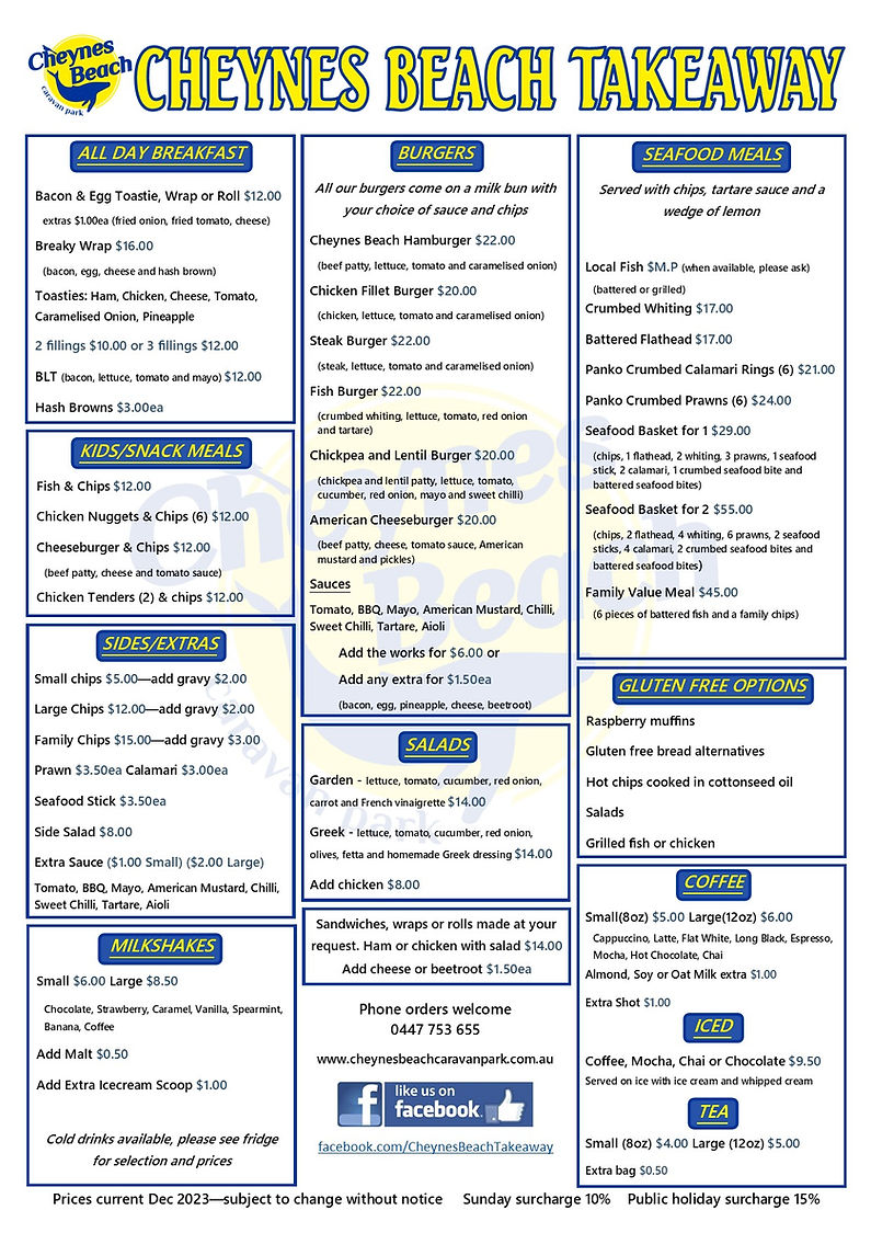 Takeaway/Menu | Cheynes Beach Caravan Park | Cheynes