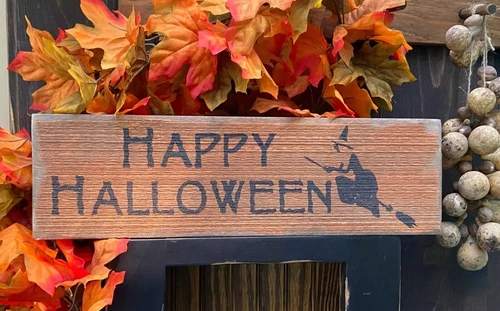 Solid Wood HAPPY HALLOWEEN Flying Witch Sign | N.E. Country Barn
