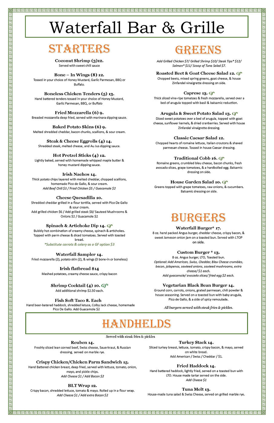 Lunch/Dinner Menu | Waterfall Bar & Grille