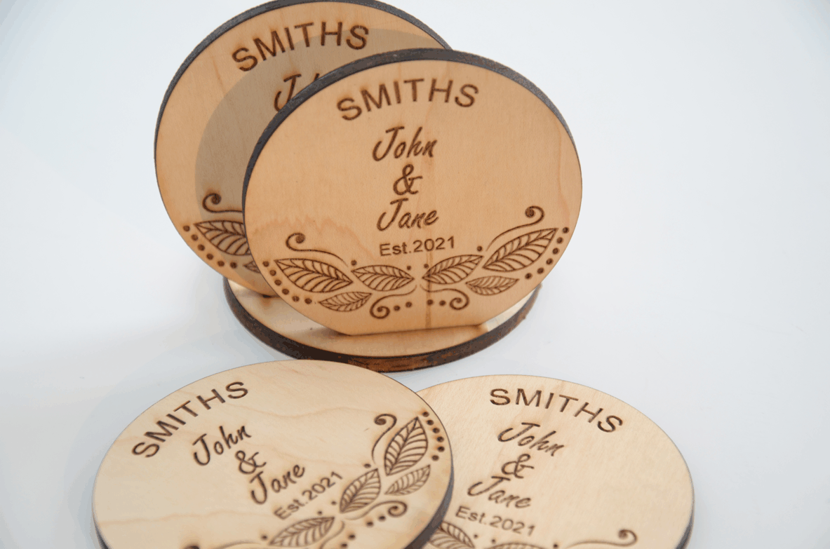 Personalized Wedding Coasters Custom Family Name Engraved Wood Coaster