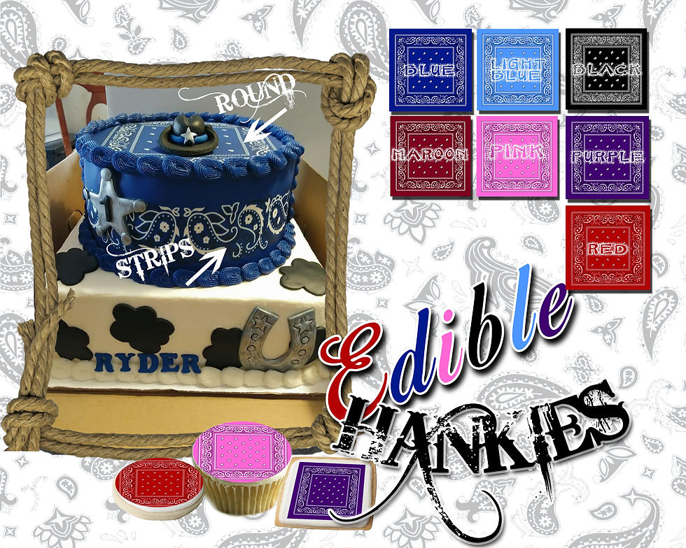 Edible Bandana Cake toppers and strips. Red, Light blue, Purple, Black ...