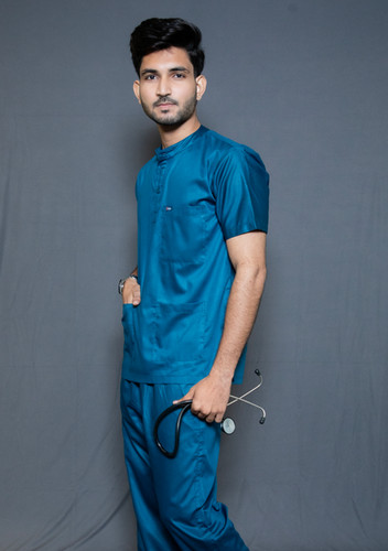 MEN'S PEACOCK BLUE MANDARIN COLLAR ULTRA PREMIUM SCRUBS | SALVO INDIA