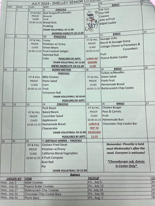 Shelley Senior Center Menu
