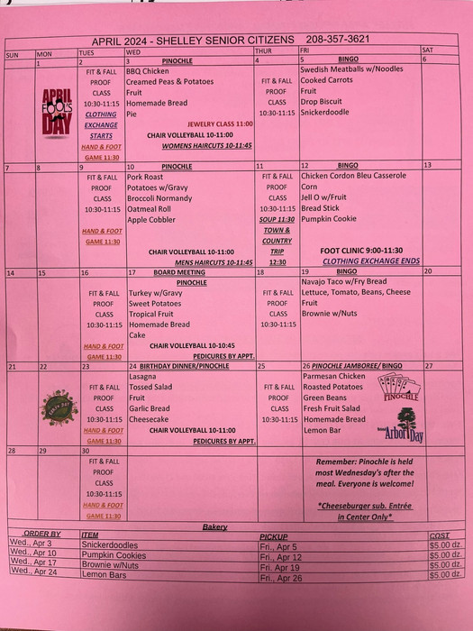 Shelley Senior Center Menu