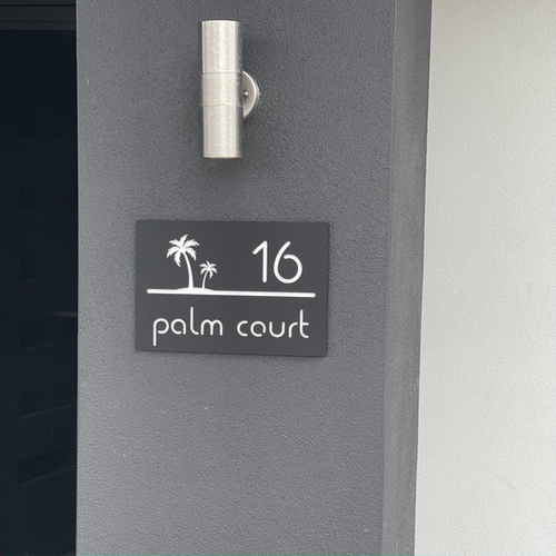 Modern Palm Tree Number and Street Sign with Back Panel | Robson & Co ...