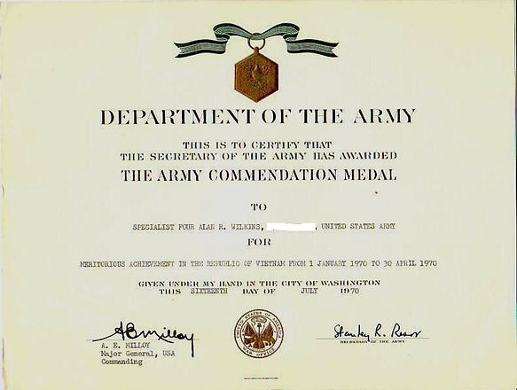 SP4 Alan R. Wilkins' citation for the Army Commendation Medal, awarded