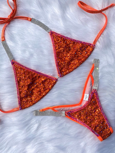 Orange cluster sequin scatter stone bikini | sweetrevengebikinis