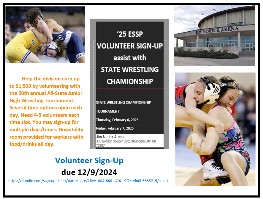 '25 ESSP Volunteer Sign-Up Link to assist in State Wrestling Tournament