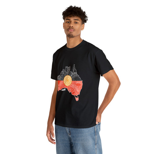 Aboriginal Flag + Aus Map Unisex Heavy Cotton Tee | Mysite