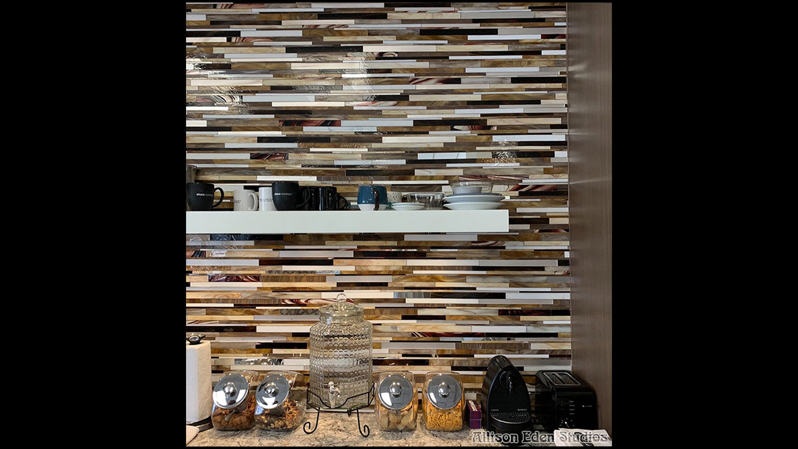 Barcode Mirror and Stained Glass Backsplash by Allison Eden Studios
