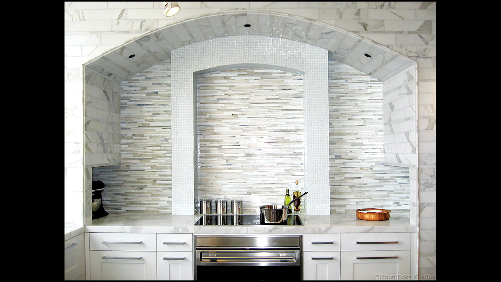 Barcode Linear Stained Glass Kitchen Backsplash by Allison Eden Studios