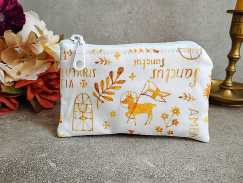 White Adoration Print Cotton Rosary Pouch | Holy Queen Handmade