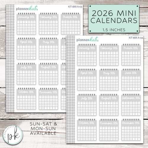 KIT-8XX A-3/4 || 2026 Mini Calendars (Sun-Sat / Mon-Sun) | PlannerKate
