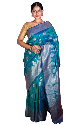 Kolka Open Border Katan Silk (PEACOCK-GREEN) | Noksha Kata