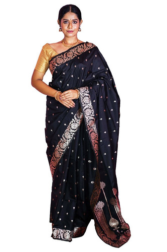 Flower Open Border Katan Silk (BLACK) | Noksha Kata