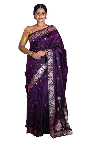 Flower Open Border Katan Silk (COFFEE PURPLE) | Noksha Kata