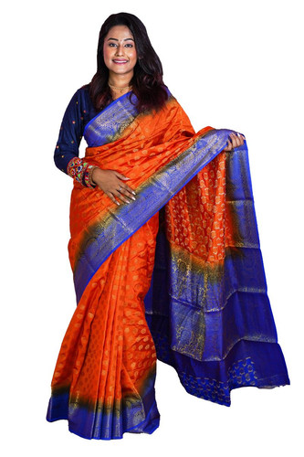 Benarasi Silk Saree (ORANGE BODY & ROYAL BLUE BORDER) | Noksha Kata