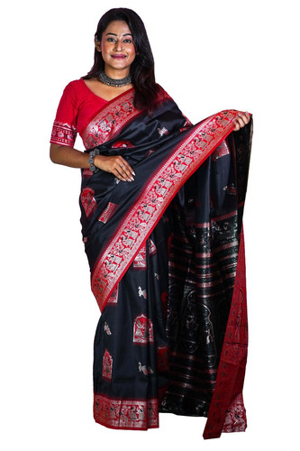 Baluchari Silk Saree (BLACK BODY & RED BORDER) | Noksha Kata