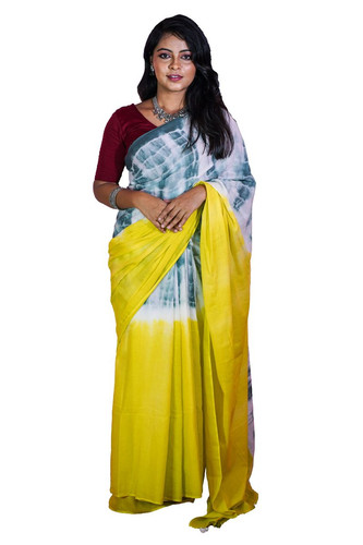 Mulmul Cotton Saree (Yellow & Light Teal Blue) | Noksha Kata