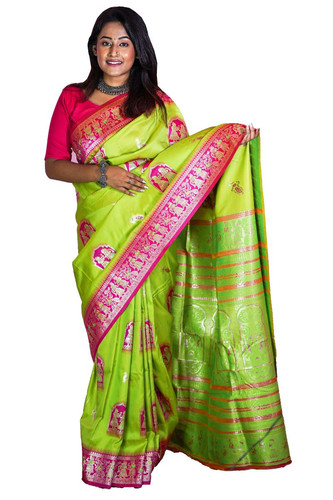 Baluchari Silk Saree (NEON GREEN BODY & DEEP PINK BORDER) | Noksha Kata