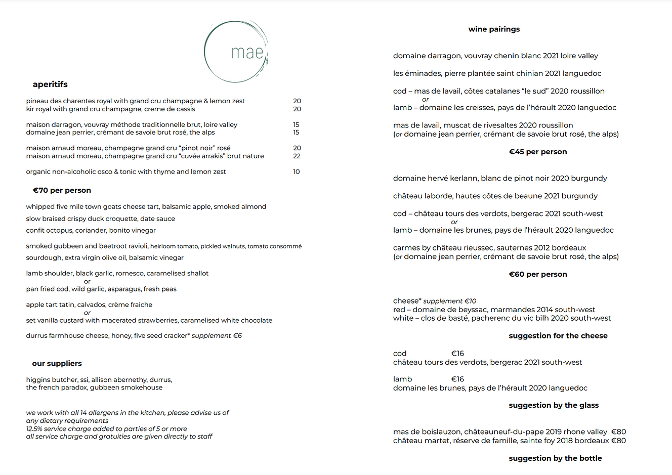 Menu | mae restaurant