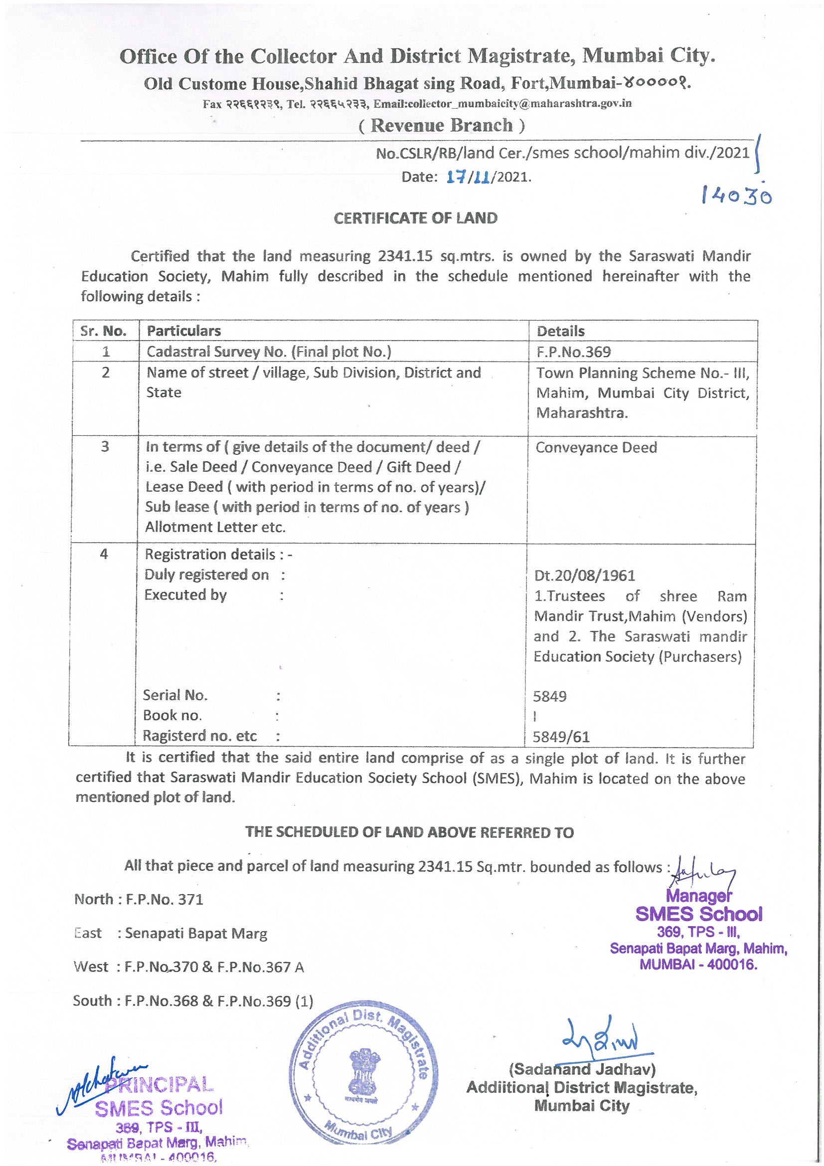 CERTIFICATE OF LAND | SMES SCHOOL