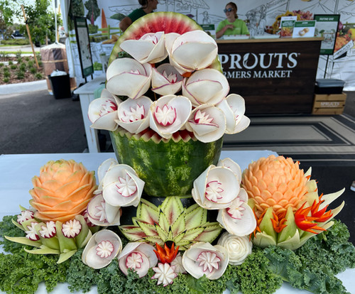 Watermelon Basket with Turnip Flowers. | ice and fruits