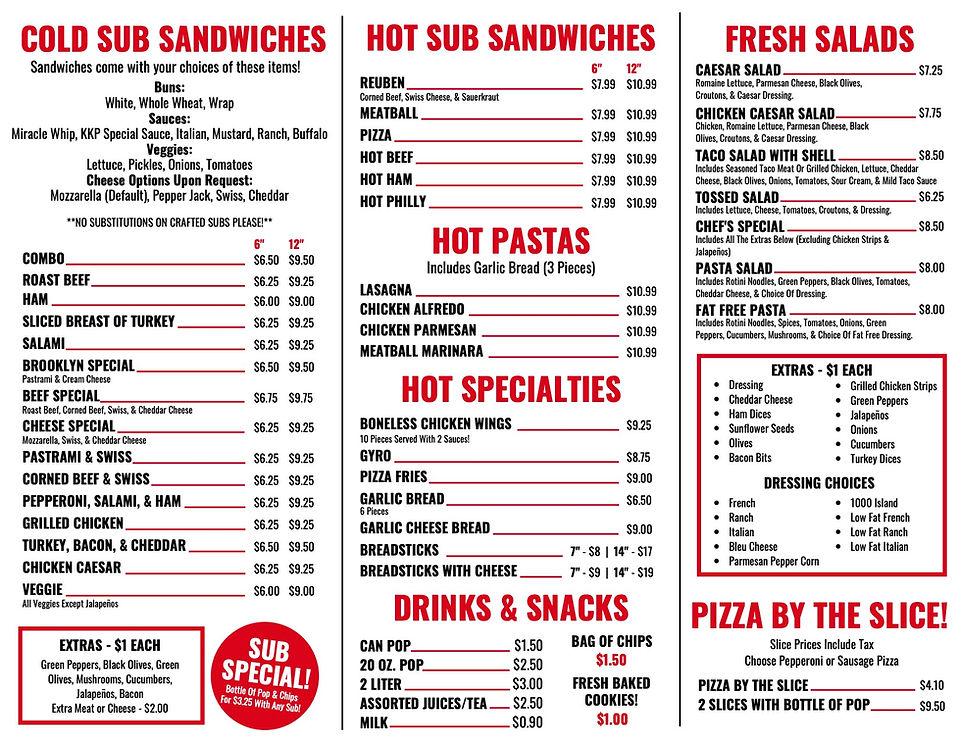 Kids Korner Pizza Menu | Rice Lake, WI