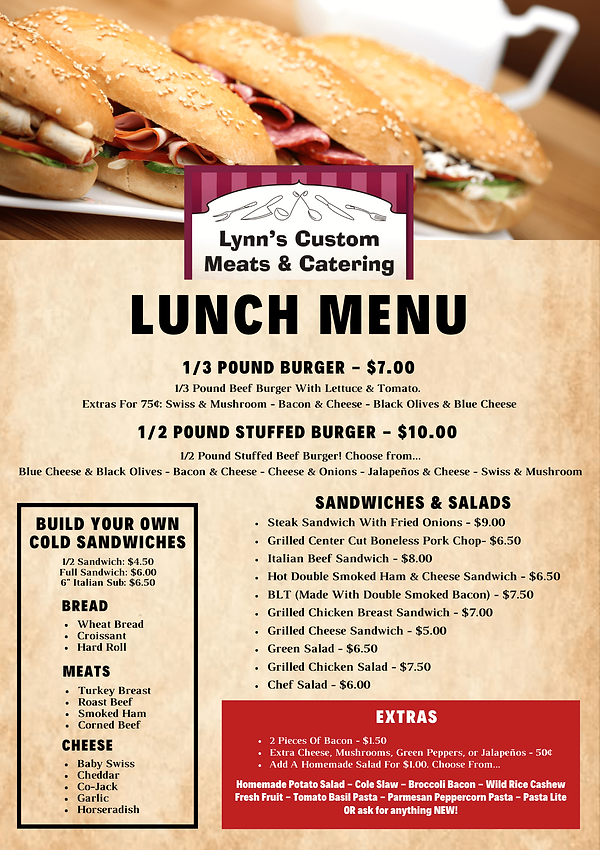 Lunch Menu | Lynn's Custom Meats & Catering | Hayward, WI