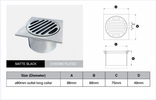 Square Floor Grate 80mm Long Collar | Bayside Tiles