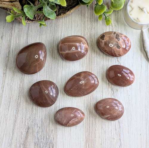 Chocolate Moonstone with Sunstone Palm Stone | Crystal Musings