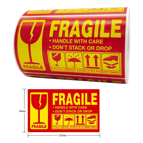 Large Red-yellow Fragile Handle With Care Sticker With Symbols | Green ...