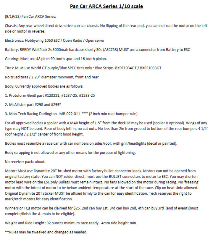 Pancar ARCA Series Rules