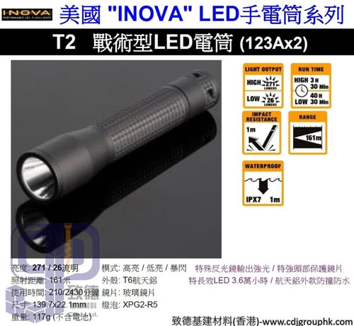 美國"INOVA"-LED手電筒系列-T2戰術型LED電筒(123Ax2)-T2C01 | 致德基建材料有限公司 CDJ Limited