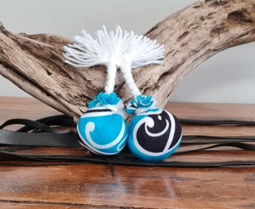 Car Mirror Poi White Blue & Black Koru | Weave with Flax
