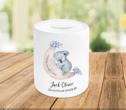 Personalised Koala Godson Christening Money Box Gift | The Keepsake Shop