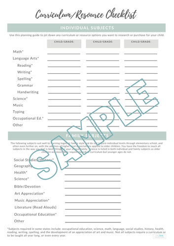 Curriculum Organizer/Checklist | Eclectic Homeschool