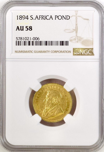 S. Africa: 1894 ZAR Gold Pond NGC Certified AU58 | I N Collectables