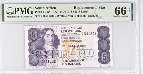 S. Africa (Reserve Bank): ND(1978-81) TW De Jongh R5 X3 Replacement PMG ...
