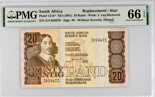 S. Africa (Reserve Bank): ND(1981) GPC de Kock R20 Z4 Replacement PMG ...