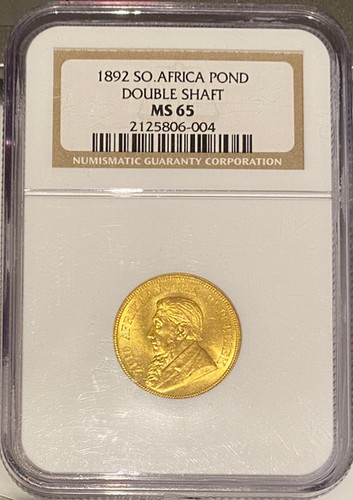 S. Africa: 1892 ZAR Gold Double Shaft Pond NGC Certified MS65 | I N ...