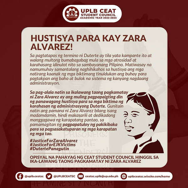 Hustisya Para Kay Zara Alvarez | Statements | UPLB CEAT Student Council Hustisya Para Kay Zara Alvarez | Statements | UPLB CEAT Student Council