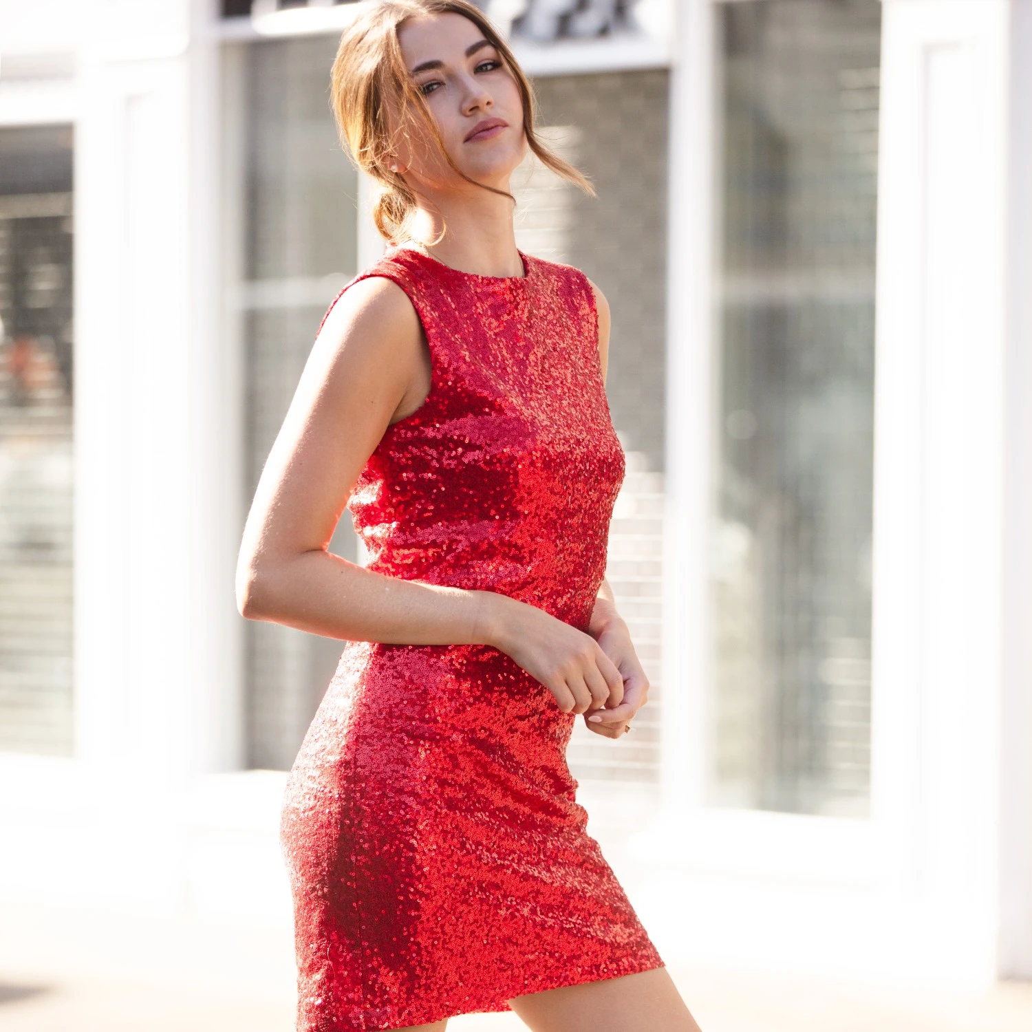 Classic Short Fully Lined Sequin Dress - Red | KUTLondon